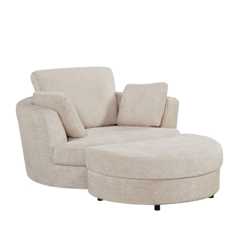 Cuddle Swivel Chair & Ottoman in Boucle Almond Fabric - Loungely