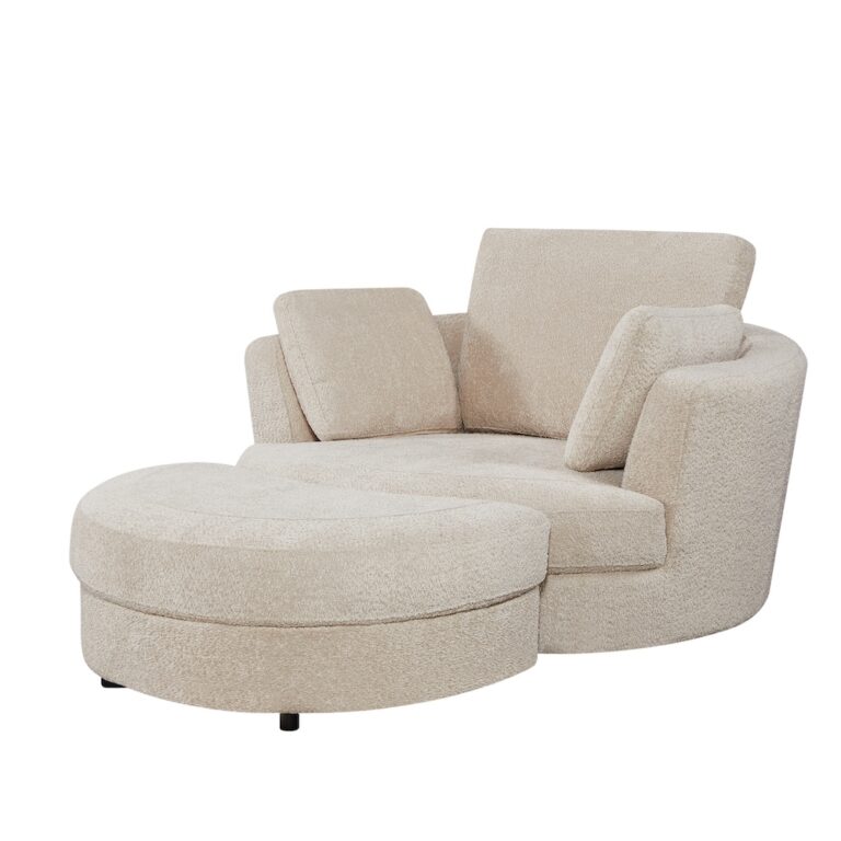Cuddle Swivel Chair & Ottoman in Boucle Almond Fabric - Loungely