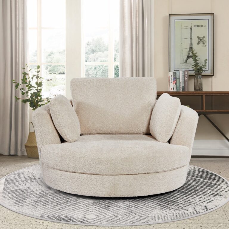 Cuddle Swivel Chair & Ottoman in Boucle Almond Fabric - Loungely