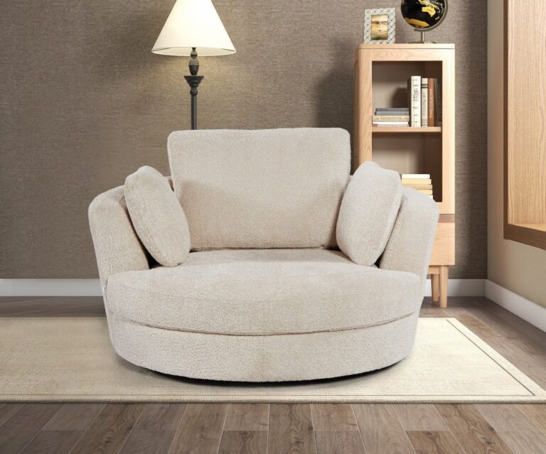 Cuddle Swivel Chair & Ottoman in Boucle Almond Fabric - Loungely